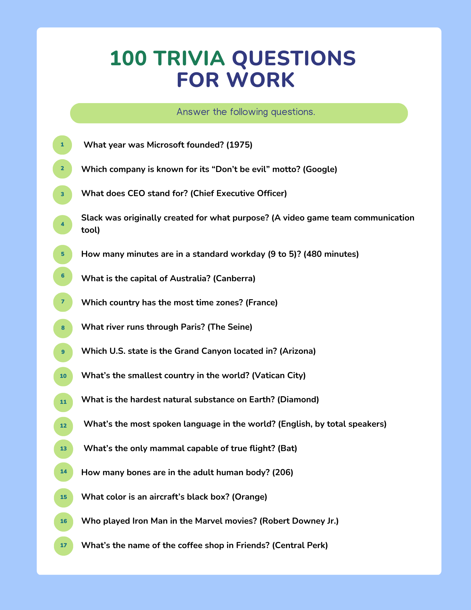 100 Trivia questions for work (free printables)