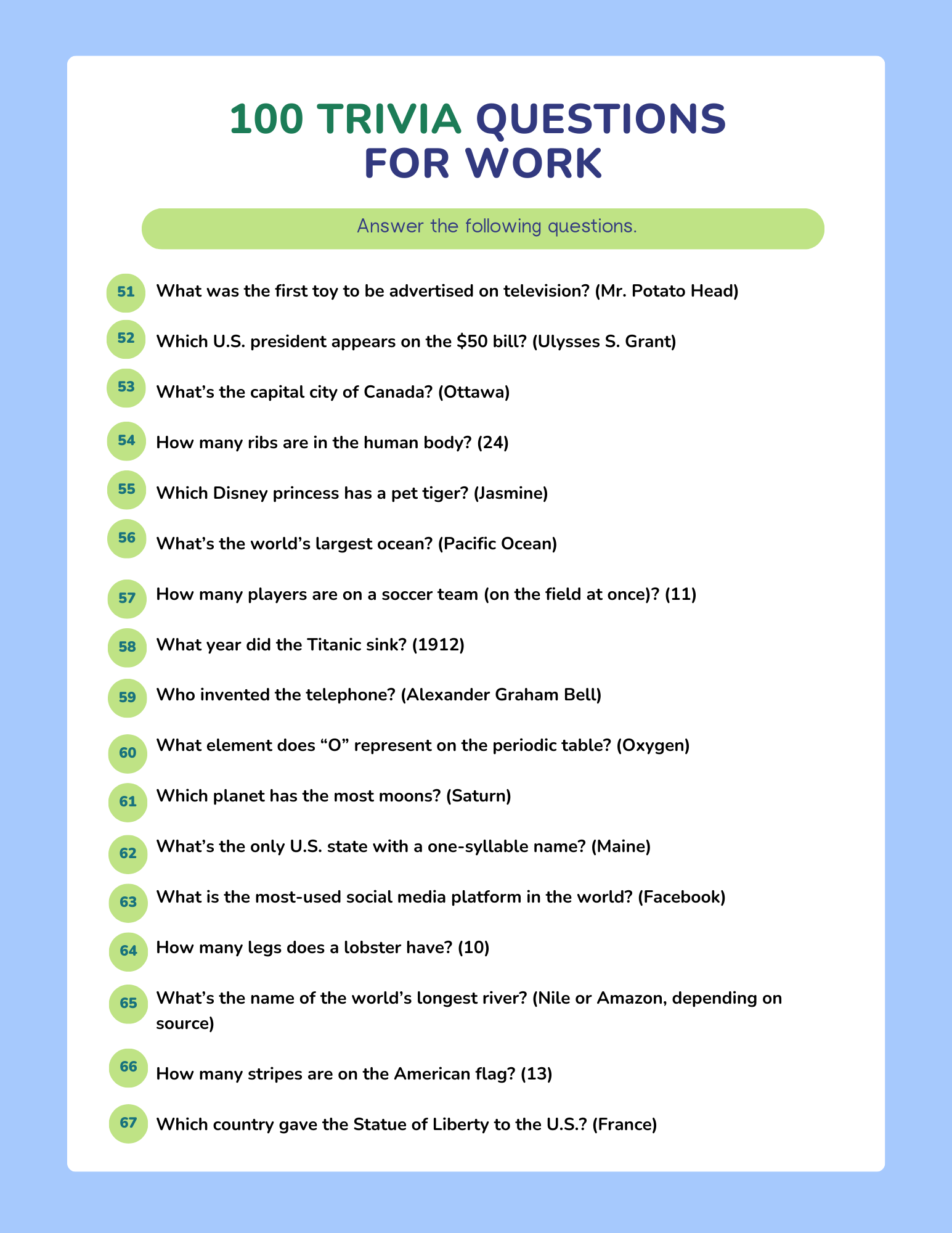 100 Trivia questions for work (free printables)
