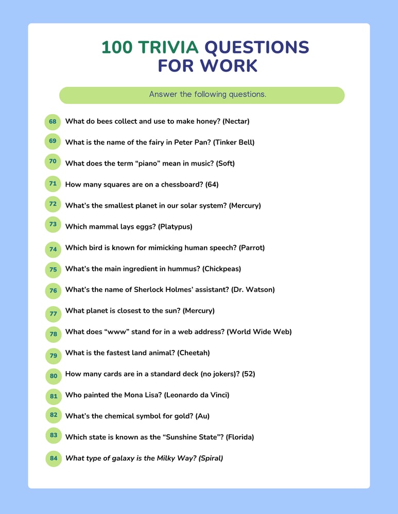 100 Trivia questions for work (free printables)